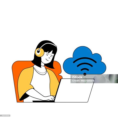 웹을 위한 평면 디자인의 만화 사람들과 함께 클라우드 컴퓨팅 개념 Wifi가 데이터베이스 처리에 액세스할 수 있는 노트북에서