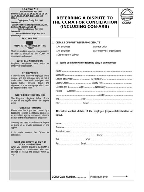 Ccma 711 Referral Form Conciliation Pdf Labour Law Employment