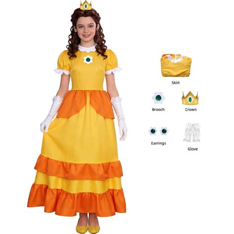Princess Daisy Costume Super Mario Dress With Crown And Gloves