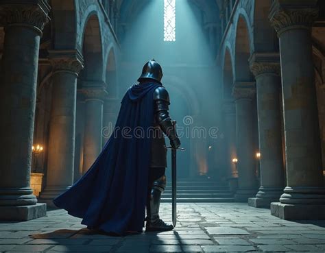 Medieval Knight Inside Gothic Cathedral Warrior In Full Armor Stands