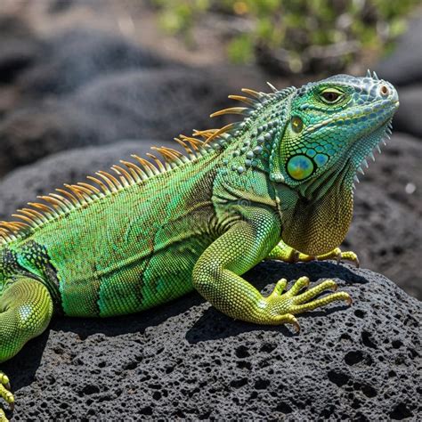 Green Iguana Iguana Iguana Resting On Volcanic Rock Its Vibrant