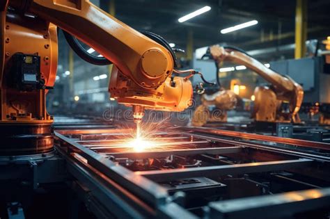Industrial Robots Welding In Automated Car Factory Stock Image Image