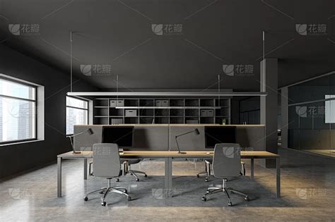 深灰色的开放式办公室，有书柜素材 花瓣网