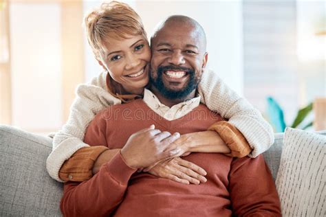 Happy Love And Portrait Of Black Couple On Sofa For Relax Retirement