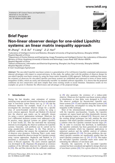 pdf non linear observer design for one sided lipschitz systems an