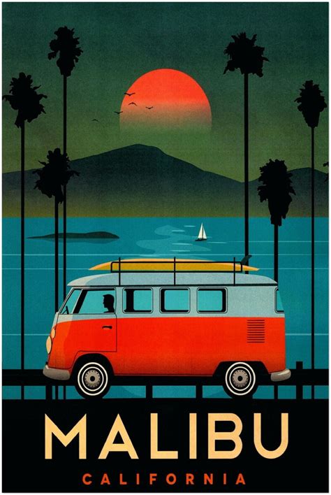 Travel Posters Malibu California Vintage Travel Poster 24x36inches