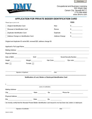 Nevada Private Bidder Identification Card Application Blank Fillable