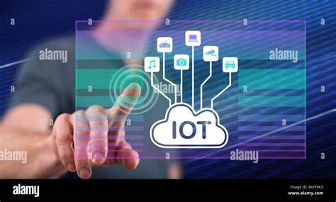 Man Touching An Iot Concept On A Touch Screen With His Finger Stock
