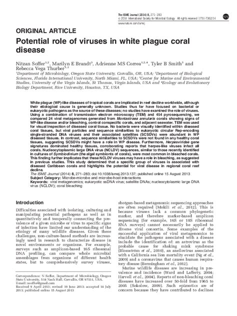 Pdf Potential Role Of Viruses In White Plague Coral Disease