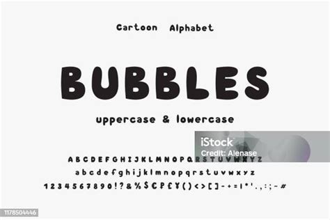 버블 벡터 알파벳 대문자 및 소문자 영어 문자 숫자 기호 및 통화 기호입니다 귀여운 만화 디자인을위한 손으로 그린 굵은 글꼴 0명에 대한 스톡 벡터 아트 및 기타 이미지