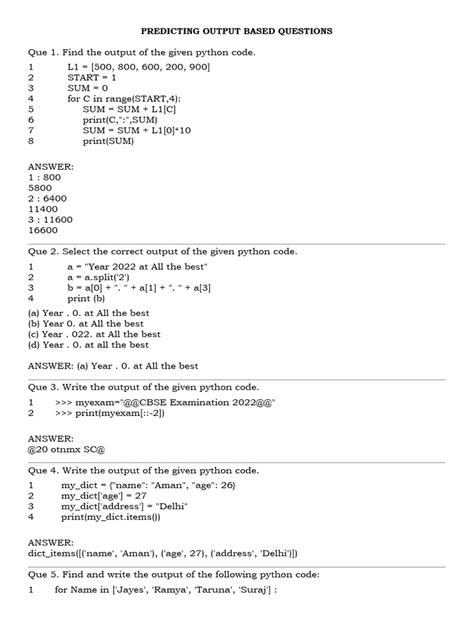 Python Output Prediction Questions Pdf Computer Programming