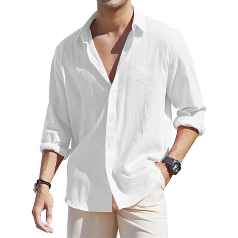 Mens Loose Fit Long Sleeve Cotton Linen Shirts For Men Business Casual
