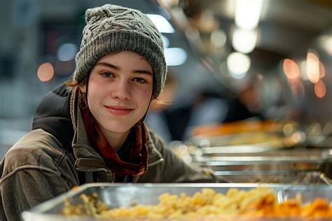 Young Volunteer Serving In Soup Kitchen Premium Ai Generated Image