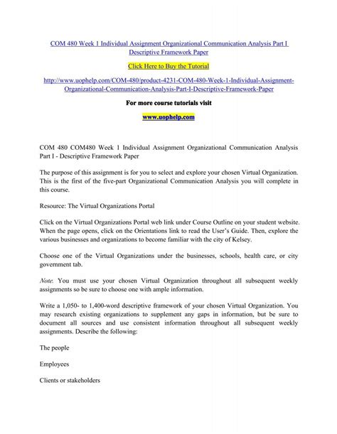 Com 480 Week 1 Individual Assignment Organizational Communication