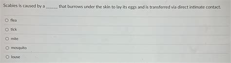 Scabies Is Caused By A That Burrows Under The Skin To Lay Its Eggs