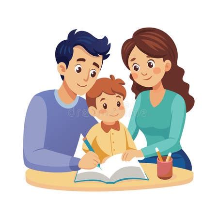 Familia Feliz Ayudando A Un Hijo Con Educación En Casa E Ilusión De