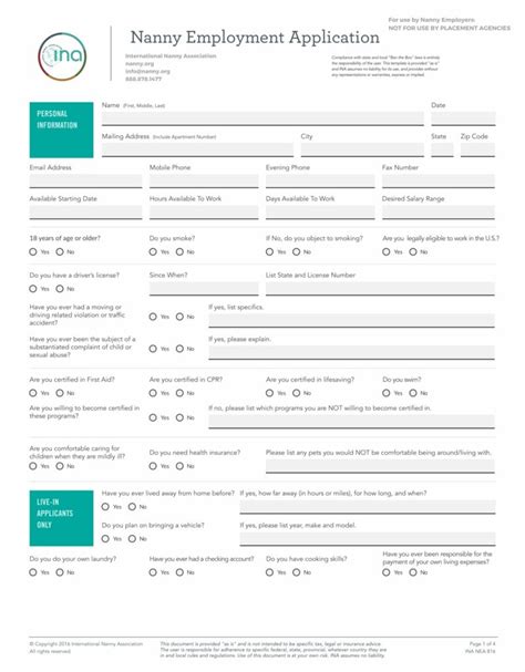 Nanny Employment Application International Nanny Association