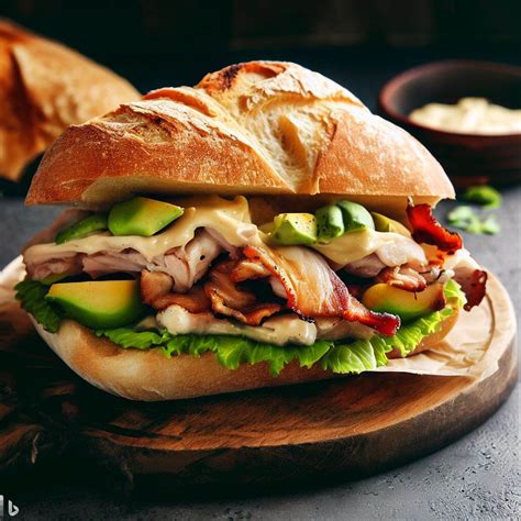 Roasted Turkey And Bacon Ciabatta Sandwich With Avocado Mayo