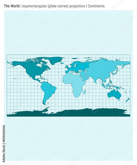 World Map Equirectangular Plate Carree Projection Continents Style High Detail World Map