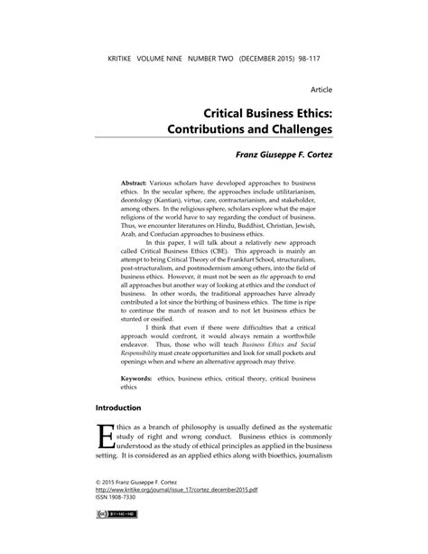 Pdf Critical Business Ethics Contributions And Challenges
