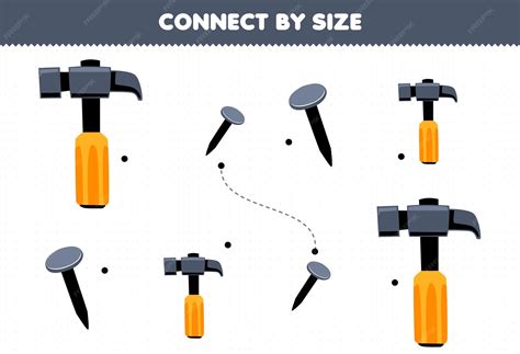 아이들을 위한 교육용 게임은 귀여운 만화 망치와 못 인쇄 가능한 도구 워크시트의 크기로 연결됩니다 프리미엄 벡터