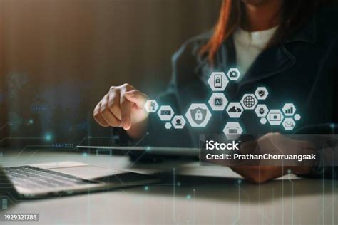 Cyber Security And Data Protection Businesswoman Protecting Personal Data On Digital Tablet