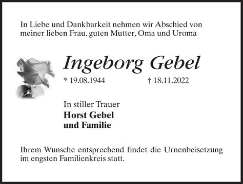 Traueranzeigen Von Ingeborg Gebel Trauer Anzeigen De