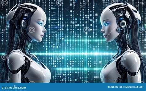 Pair Of Humanoid Cyber Girl Robots With Binary Code Represent