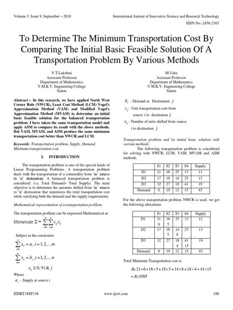 To Determine The Minimum Transportation Cost By Comparing The Initial Basic Feasible Solution Of