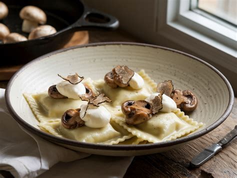 רביולי כמהין מבושלים במים רותחים ומוקפצים במחבת עם חמאה ועלי מרווה עם ריקוטה פרמזן ופטריות