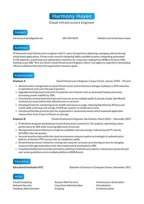 Cloud Infrastructure Engineer Resume Cv Example And Writing Guide