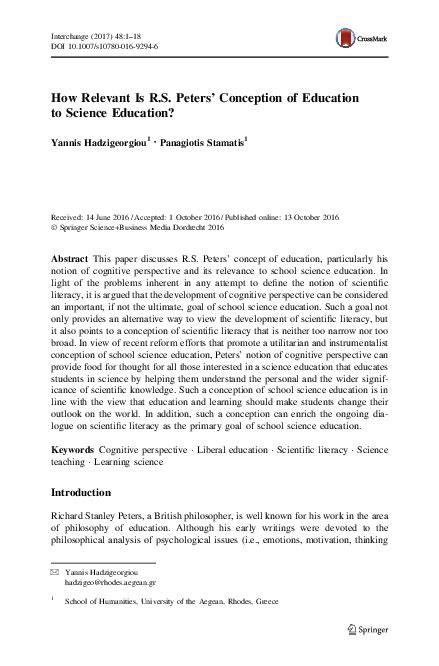 Pdf How Relevant Is Rs Peters Conception Of Education To Science