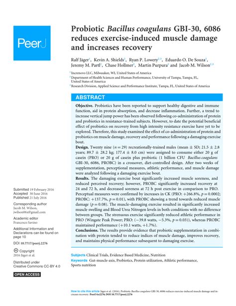 Probiotic Bacillus Coagulans Gbi 30 6086 Reduces Exercise Induced