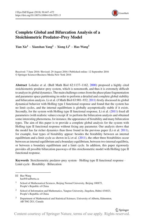 Complete Global And Bifurcation Analysis Of A Stoichiometric Predatorprey Model Request Pdf