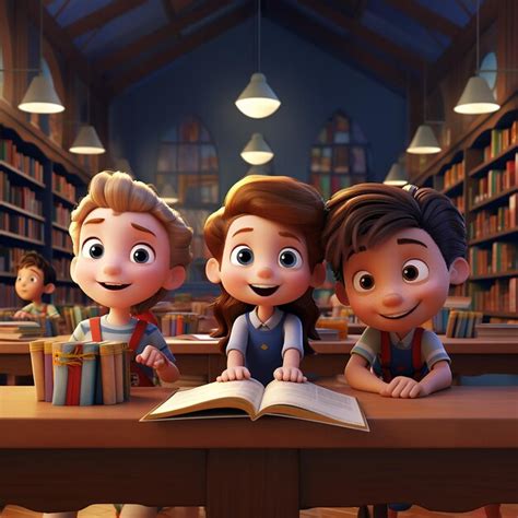 Niños De Dibujos Animados En 3d En La Biblioteca Foto Premium