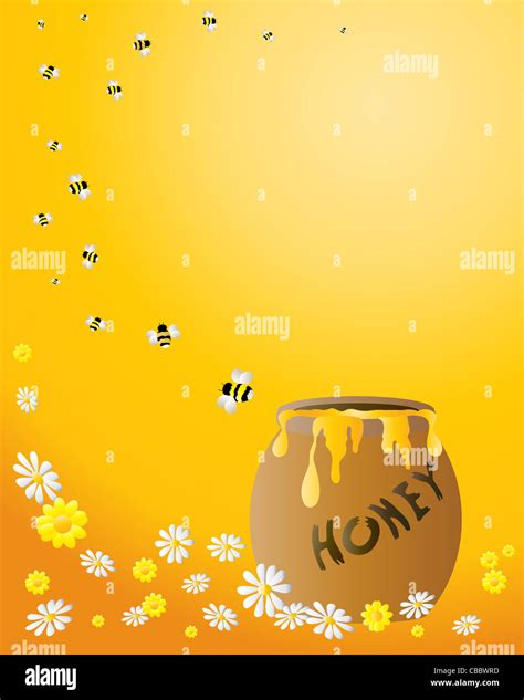 An Illustration Of A Honey Jar With Bees Flying And Flowers On An