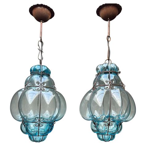 Greatest Color Pair Of Venetian Pendant Lights Mouthblown Glass Into Iron Frames For Sale At 1stdibs