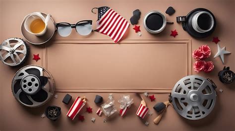 Premium Ai Image Cinema Concept Top View Of Film Reel Glasses And Other Objects On Wooden