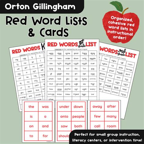 Red Words Lists And Cards K 2 Sight Words Orton Gillingham Tpt