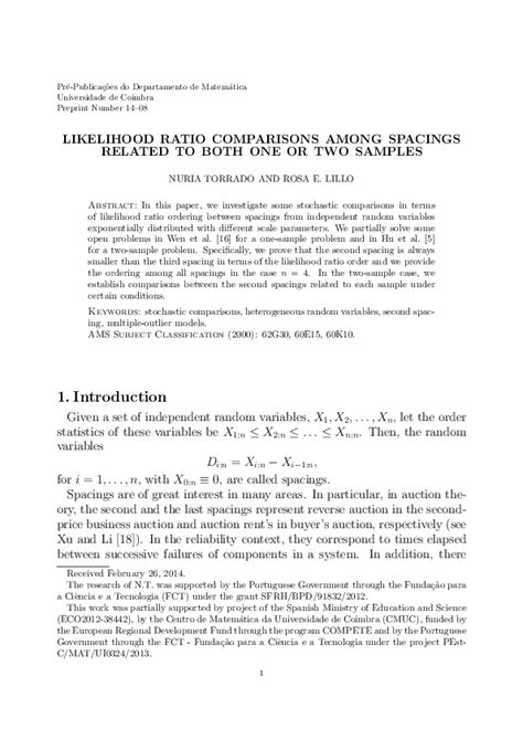 Pdf Likelihood Ratio Comparisons Among Spacings Related To Both One Or Two Samples Pdf Likelihood Ratio Comparisons Among Spacings Related To Both One Or Two Samples