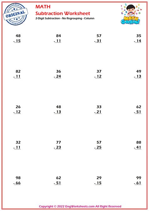 2 Digit Subtraction No Regrouping Column Engworksheets Images