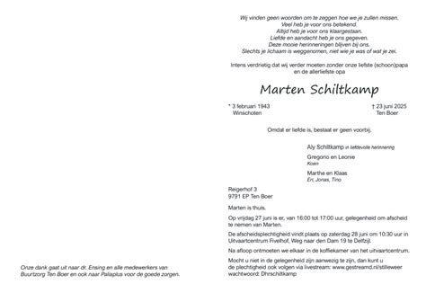 In Memoriam Marten Schiltkamp V V Omlandia