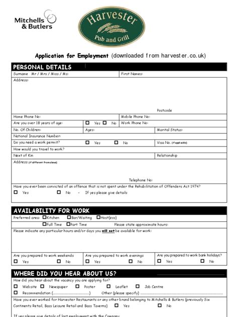 Harvester Job Application Form 2008 10 27 Pdf Equal Opportunity