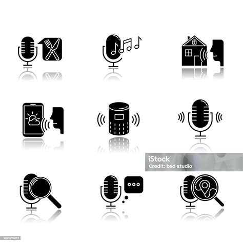 Voice Control System Drop Shadow Black Glyph Icons Set Sound Requests Idea Different Microphones