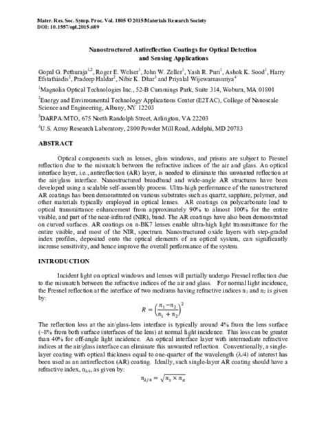 Pdf Nanostructured Antireflection Coatings For Optical Detection And Sensing Applications