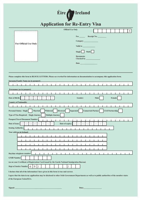 Re Entry Visa Application Form Irish Naturalisation And
