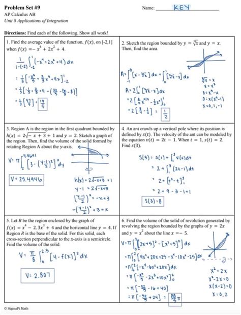 Ap Calculus Ab Problem Set 9 Applications Of Integration Worksheet