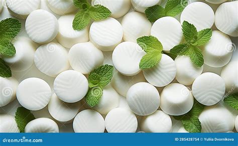 Pile Of White Mints Candy With A Green Mint Leaves Generative Ai Stock