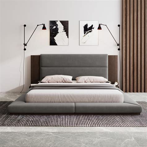 Harper And Bright Designs Gray Wood Frame Queen Size Velvet Upholstered