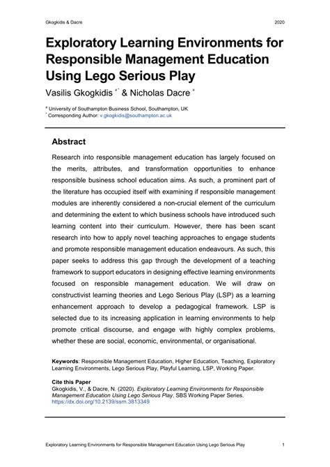 Pdf Exploratory Learning Environments For Responsible Management Education Using Lego Serious Play